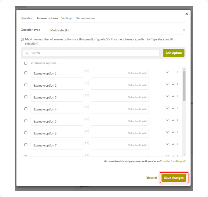 Excel template for importing answer options