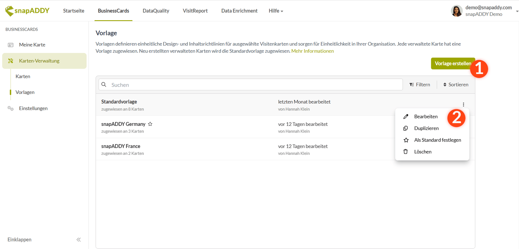 Wie kann ich Vorlagen für meine snapADDY BusinessCards erstellen?