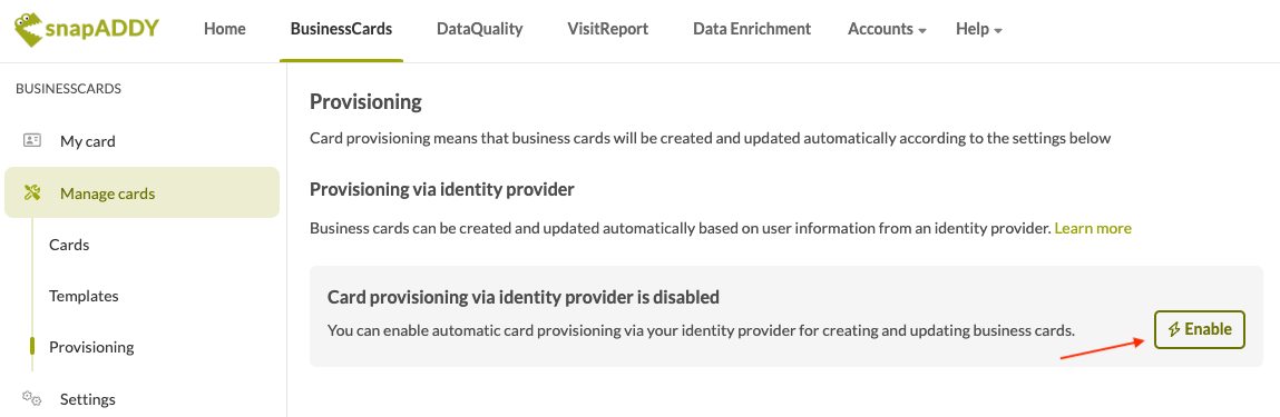 Automatic provisioning of business cards