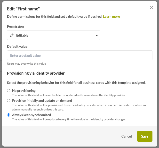 Automatic provisioning of business cards