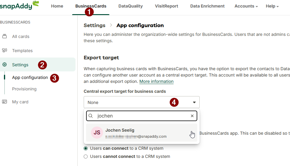 What is the "Central business card export target"