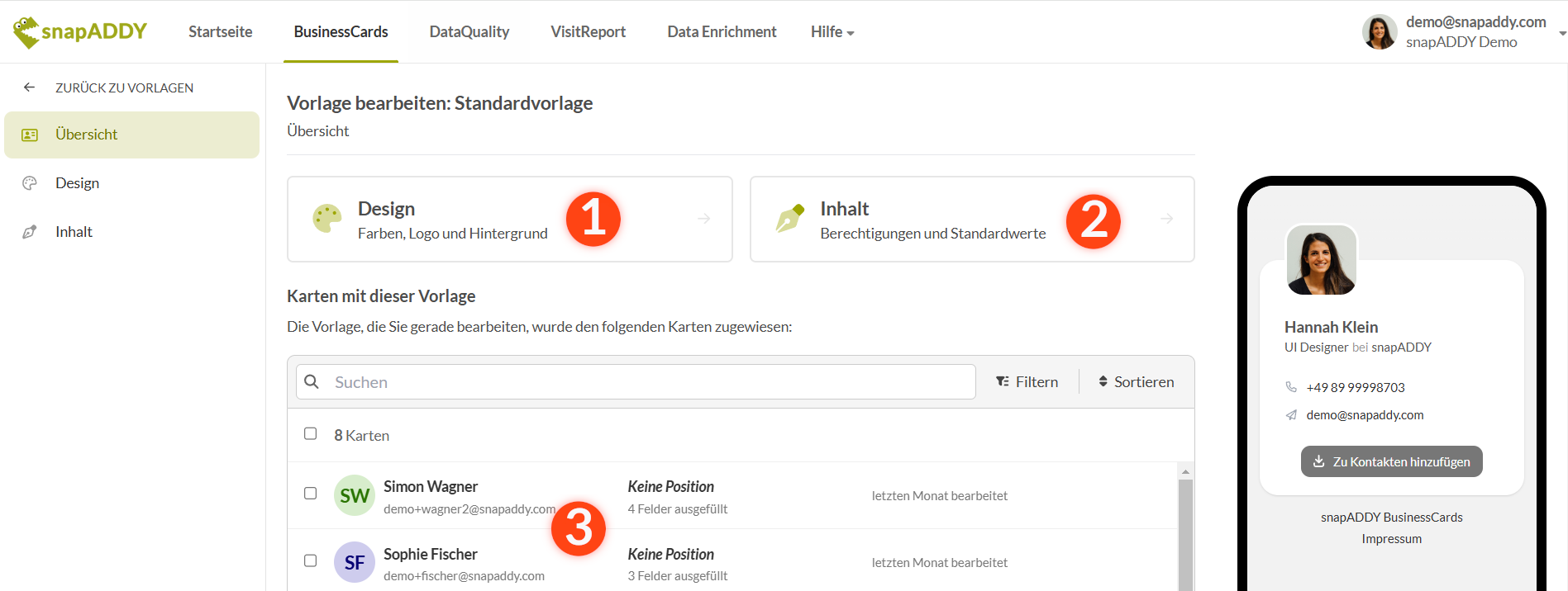 Wie kann ich Vorlagen für meine snapADDY BusinessCards erstellen?