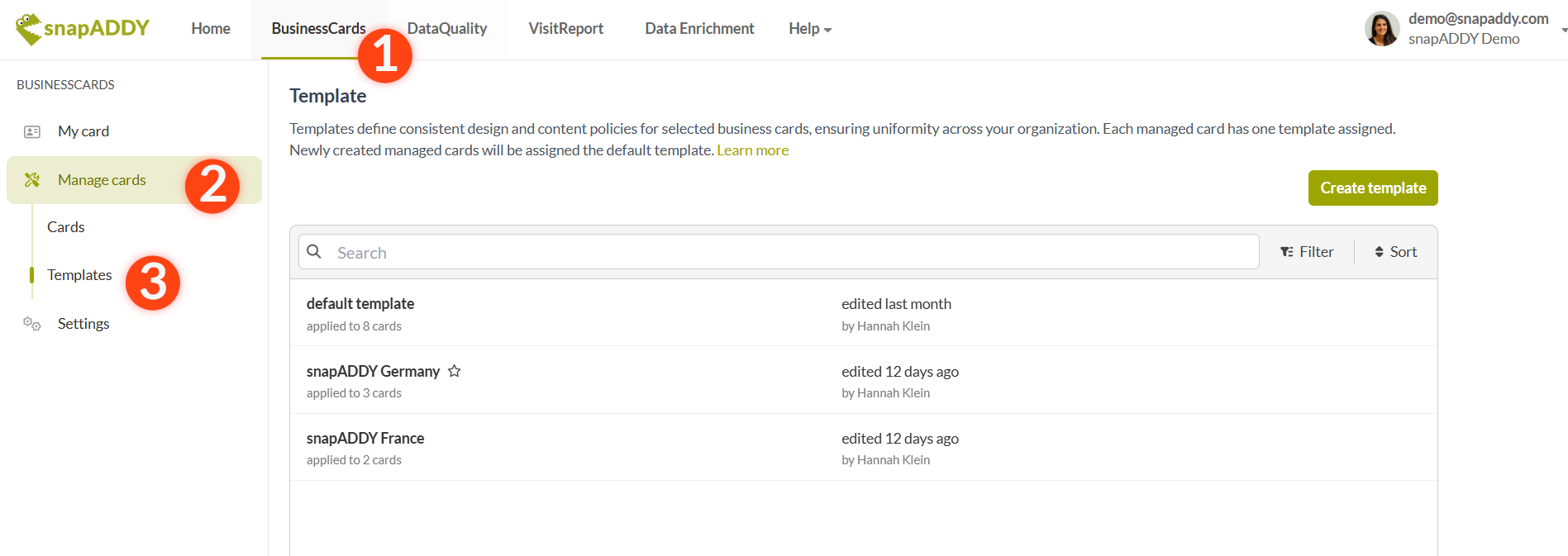 How can I create templates for my snapADDY BusinessCards?